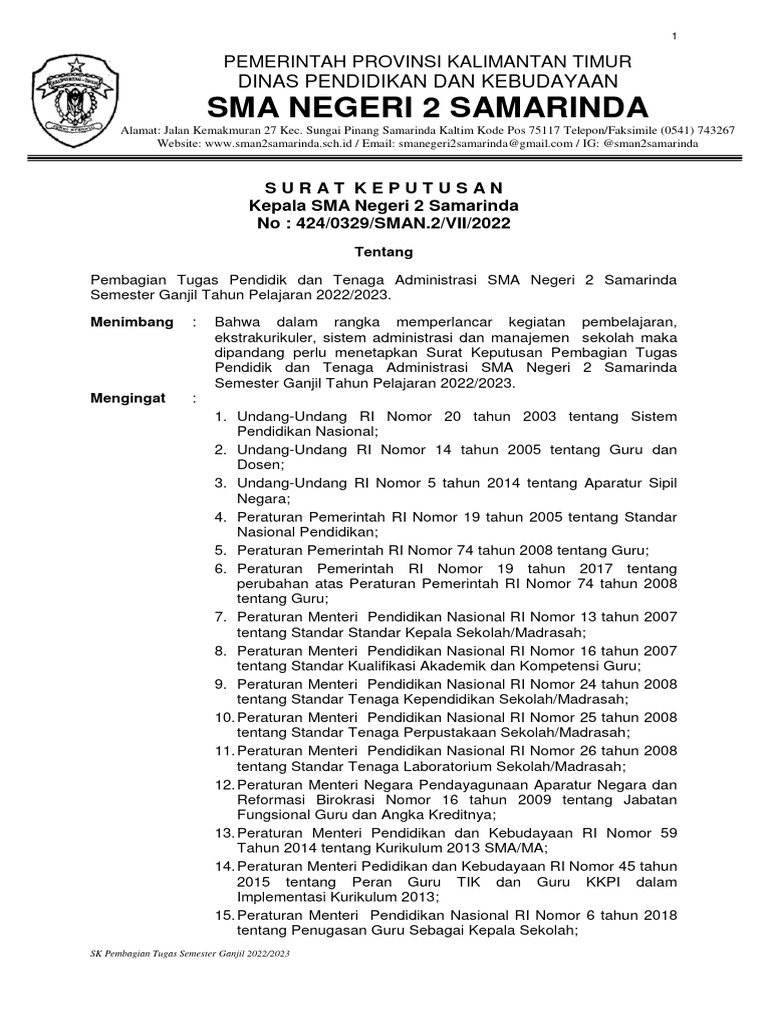 SK Pembagian Tugas Sem. Ganjil 2022-2023 Rev. 31 Agustus | PDF