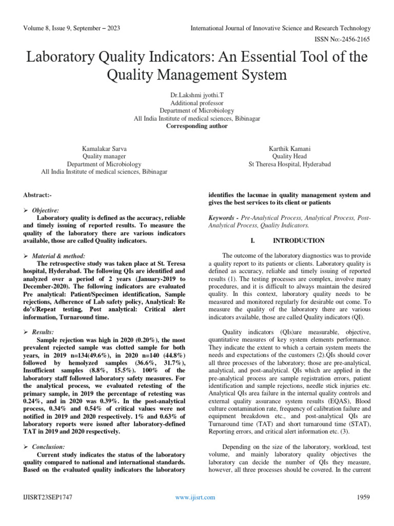 Laboratory Quality Indicators: An Essential Tool of The Quality ...