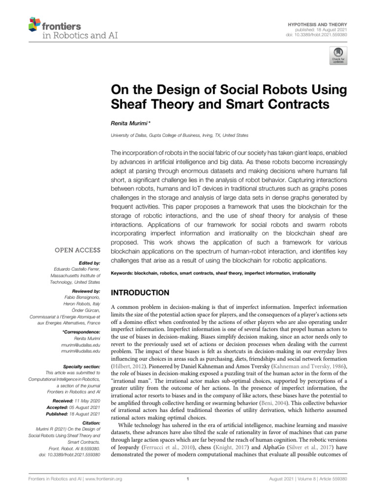 On The Design of Social Robots Using Sheaf Theory | PDF On The Design of Social Robots Using Sheaf Theory | PDF