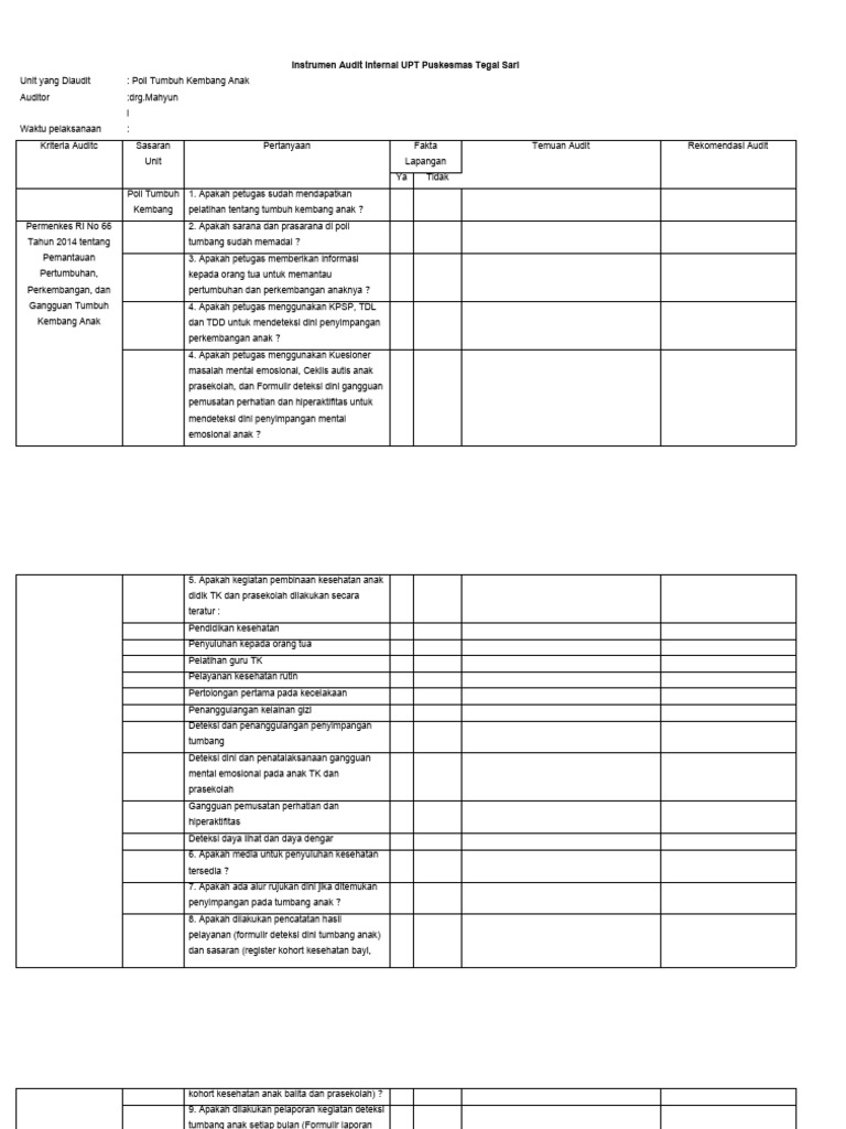 Instrumen Audit Internal Poli Tumbuh Kembang Anak | PDF