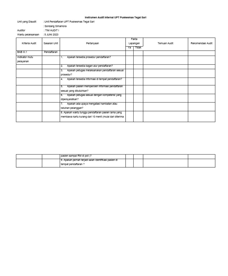 Instrumen Audit Internal Pendaftaran | PDF | Karier & Perkembangan ...