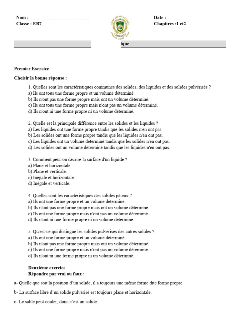Exercice de Physique EB7 : Solides et Liquides | PDF