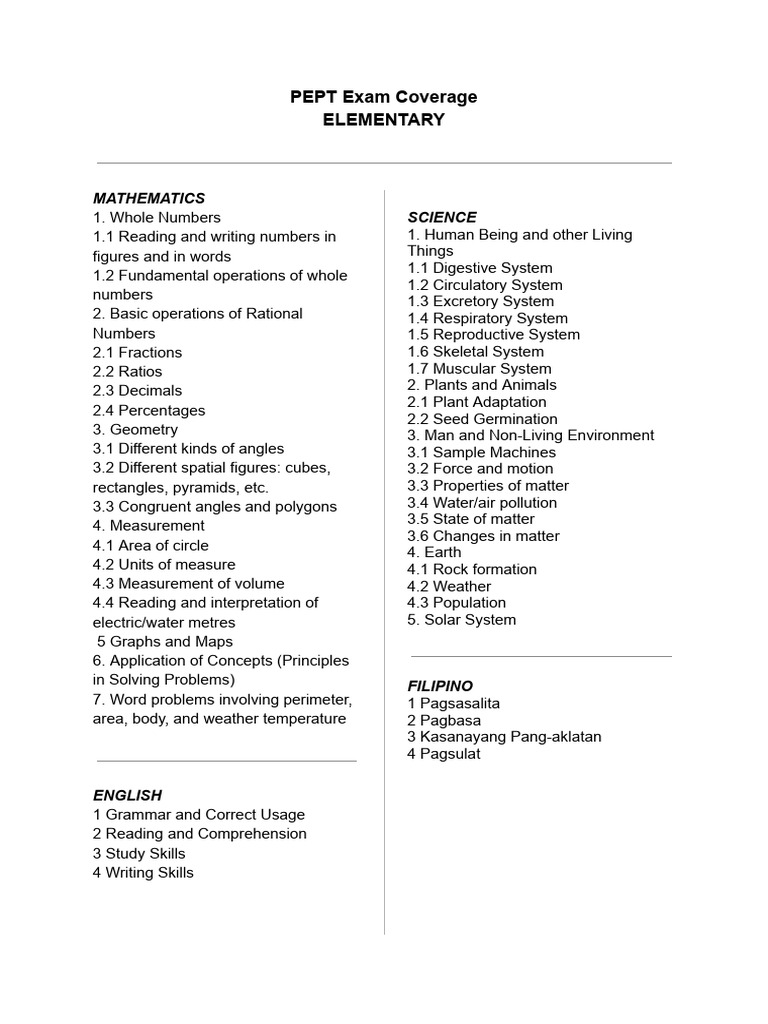 PEPT Exam Coverage ELEMENTARY and HIGH SCHOOL | PDF