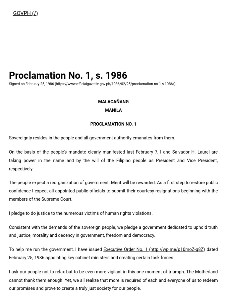 Proclamation No. 1, S. 1986 - Official Gazette of The Republic of The Philippines | PDF ...