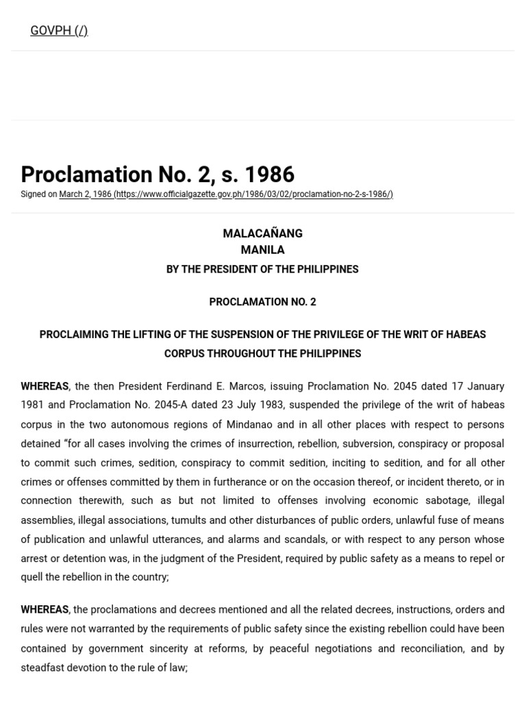 Proclamation No. 2, S. 1986 - Official Gazette of The Republic of The ...
