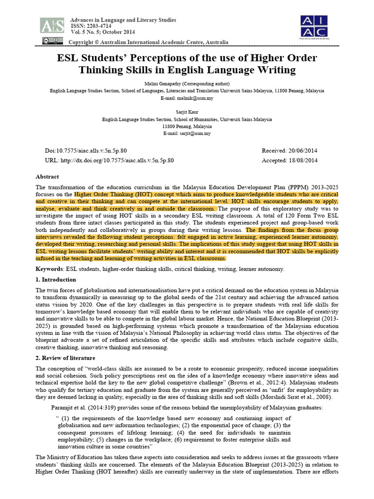 ESL Students Perceptions of The Use of Higher Order Thinking Skills in English Language Writing ...