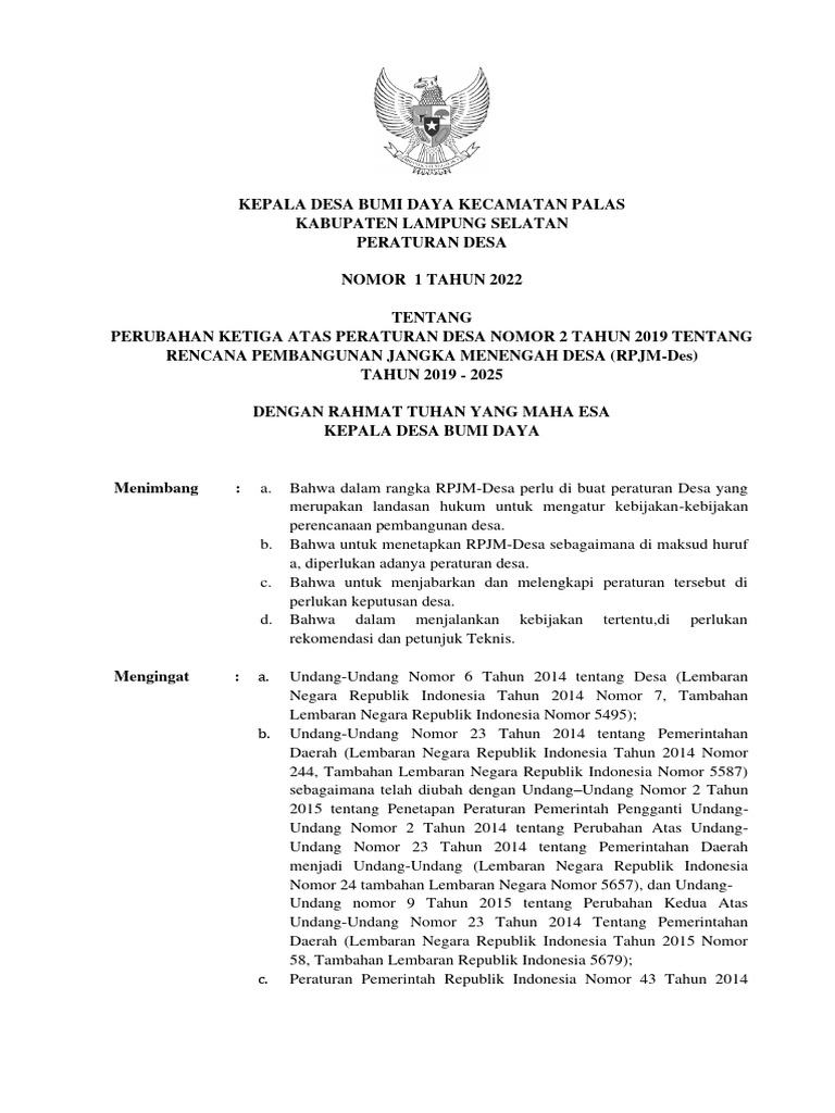 Peraturan Desa No. 1 Tahun 2022 Tentang Perubahan Ketiga RPJMDes 2019-2025 | PDF