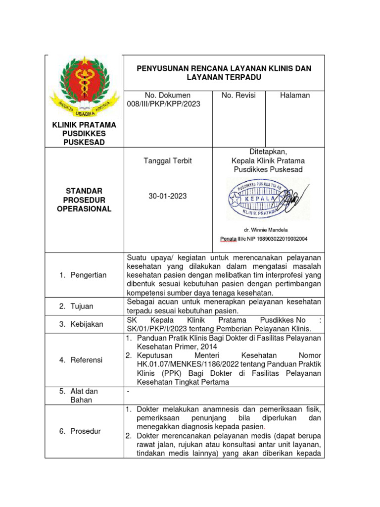 Sop Penyusunan Rencana Layanan Klinis Dan Layanan Terpadu | PDF