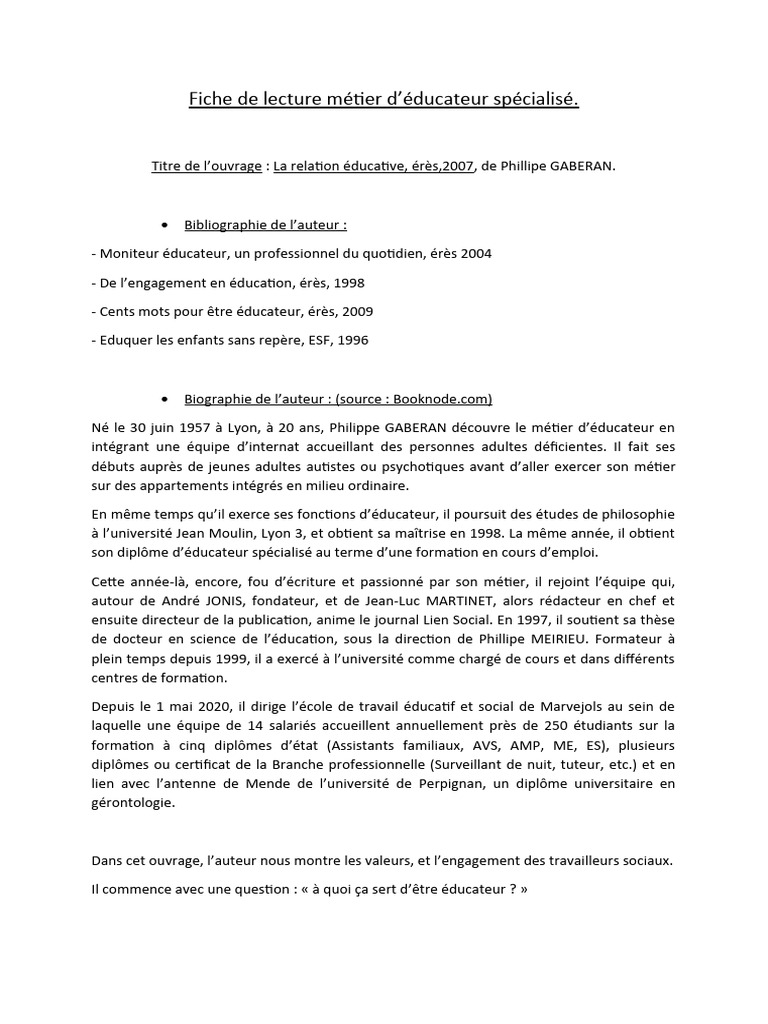 Fiche de Lecture la relation éducative | PDF