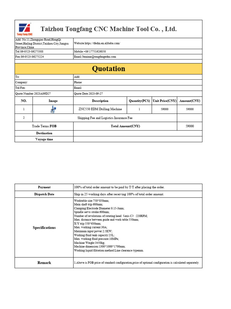 Quotation-ZNC550 EDM Drilling Machine-1 | PDF
