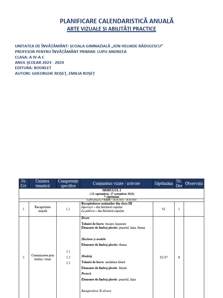 Avap - Planificare Anuală Și Planificarea Unităților de Învățare | PDF