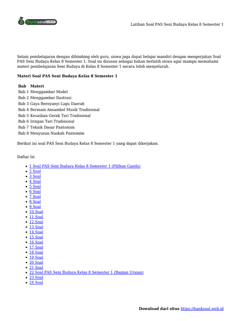 Latihan Soal PAS Seni Budaya Kelas 8 Semester 1 | PDF | Seni