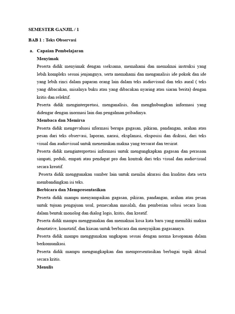 CAPAIAN PEMBELAJARAN BAHASA INDONESIA KELAS 8 SEMESTER 1 | PDF