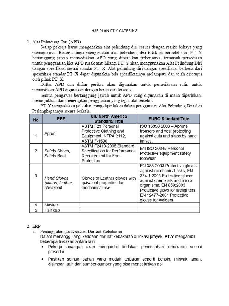 Hse Plan Catering Apd&erp | PDF
