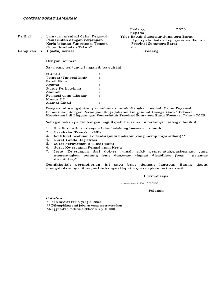 Contoh Surat Lamaran Dan Surat Pernyataan 5 Point PPPK-1 | PDF