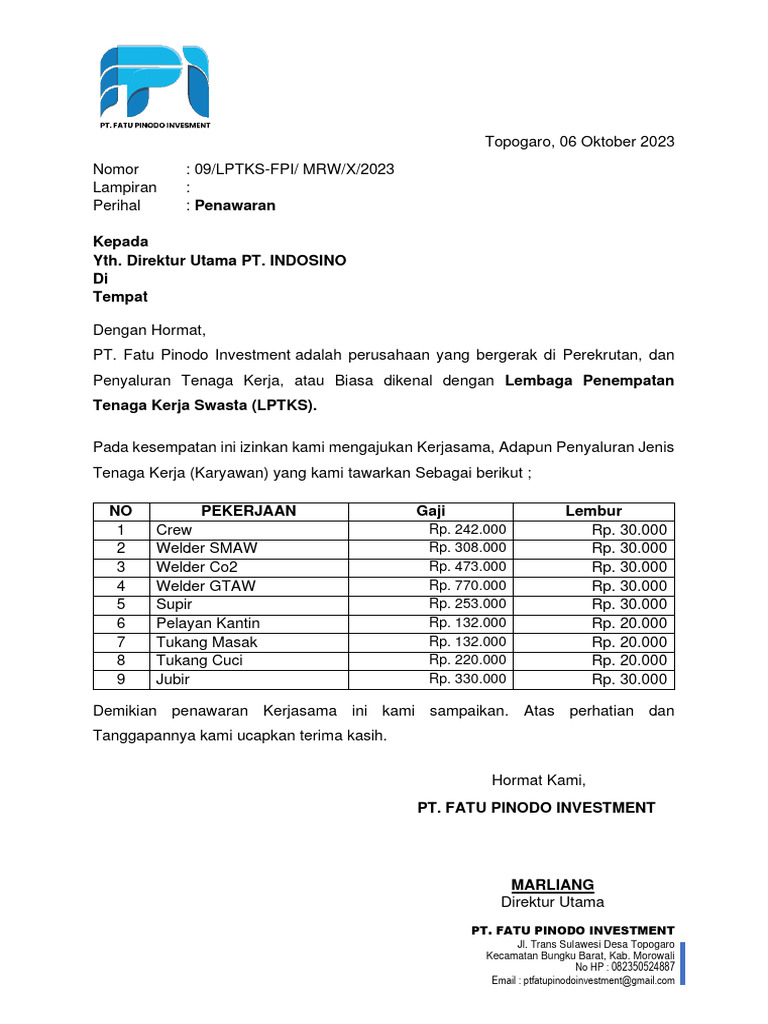 Surat Penawaran Kerjasama PT Indosino | PDF