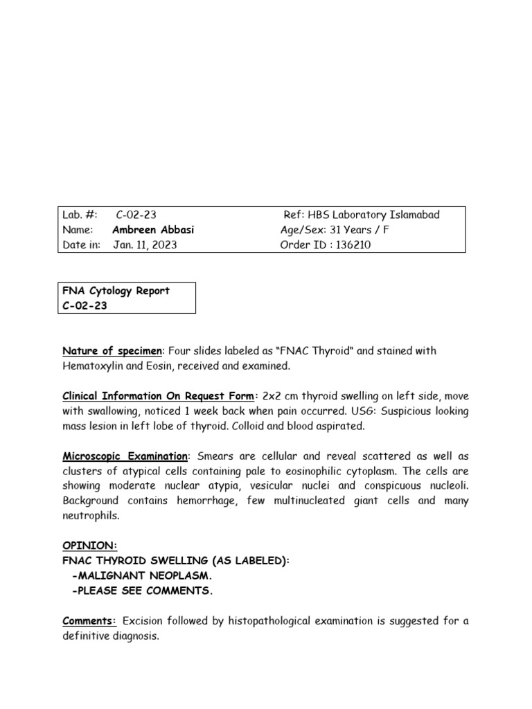 FNAC Report: Thyroid Malignancy Findings | PDF