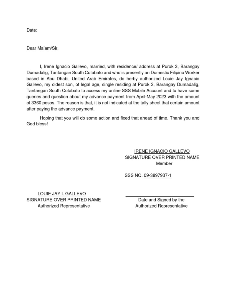 Authorization Letter SSS | PDF