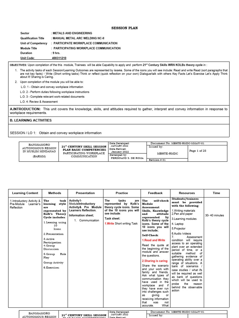 1. 21st Century Skills Module 1- Basic Participate Workplace Communication Session Plan | PDF