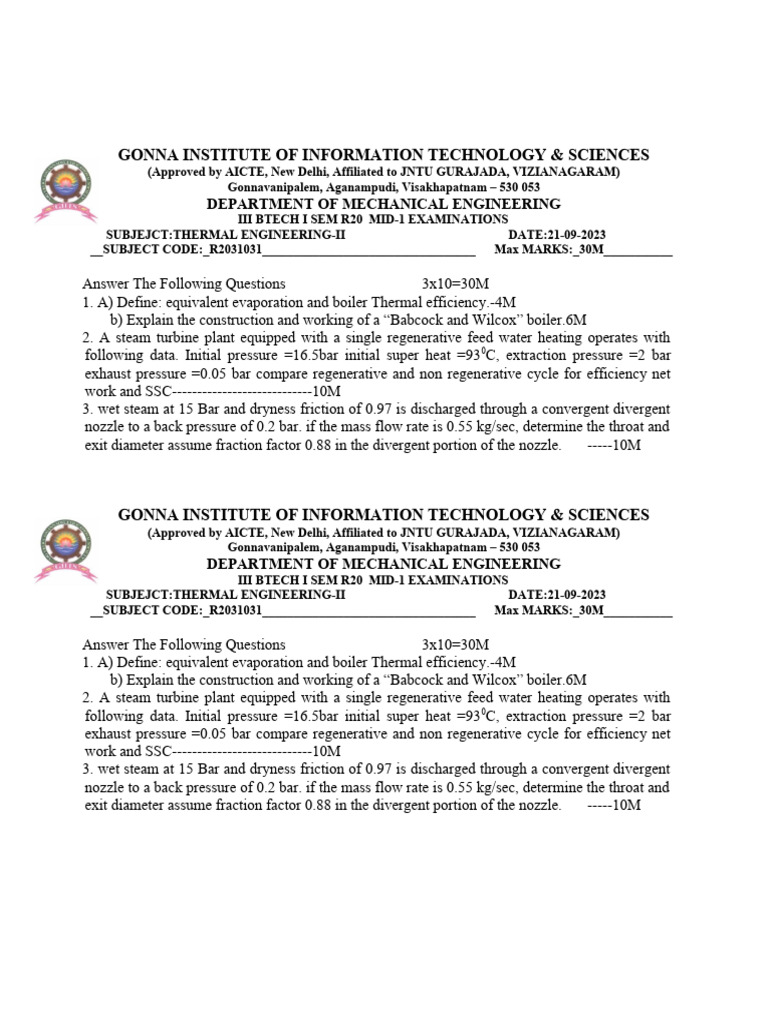 Te-2 Mid-1 | PDF | Boiler | Steam