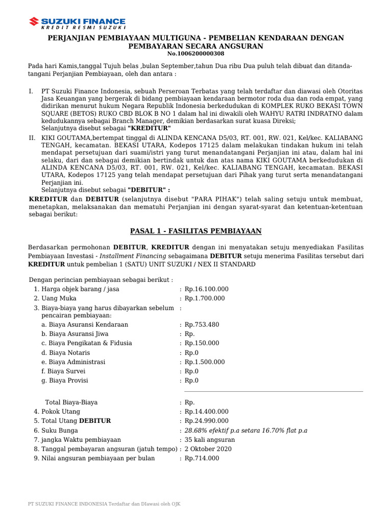 Perjanjian Pembiayaan Multiguna | PDF