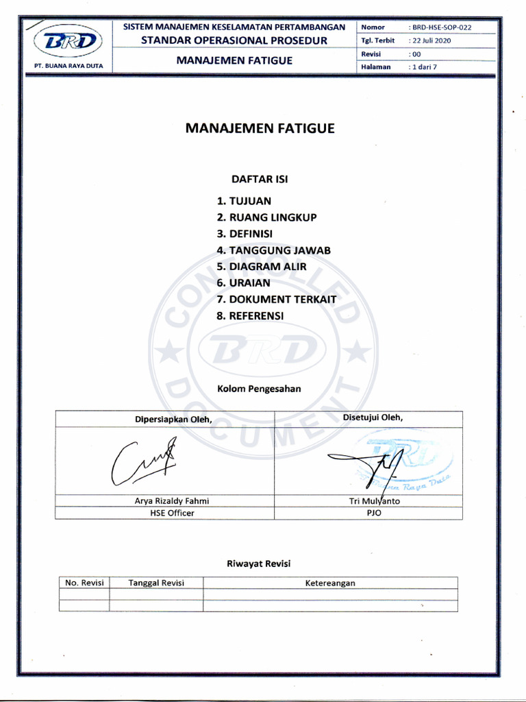 10-J BRD-HSE-SOP-022_00 MANAJEMEN FATIGUE | PDF