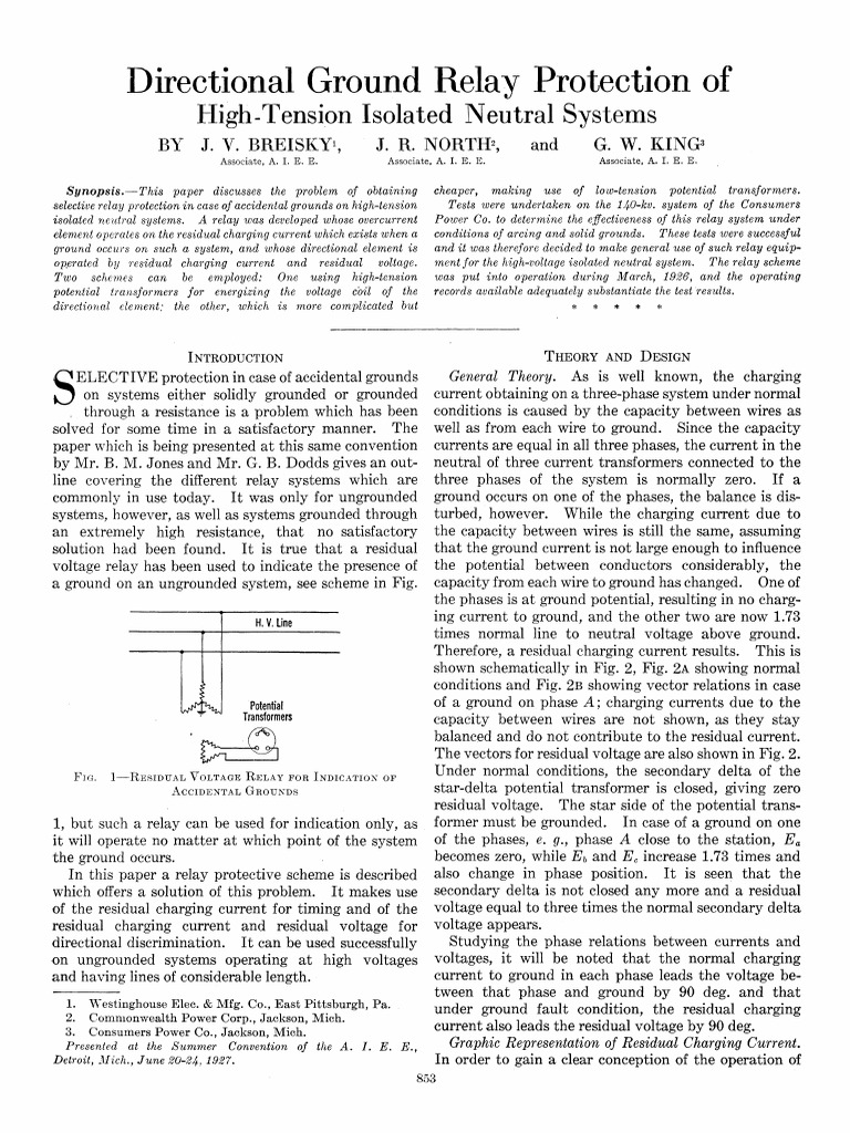 J. V. Breisky 1927 Directional Ground Relay Protection of High-Tension ...