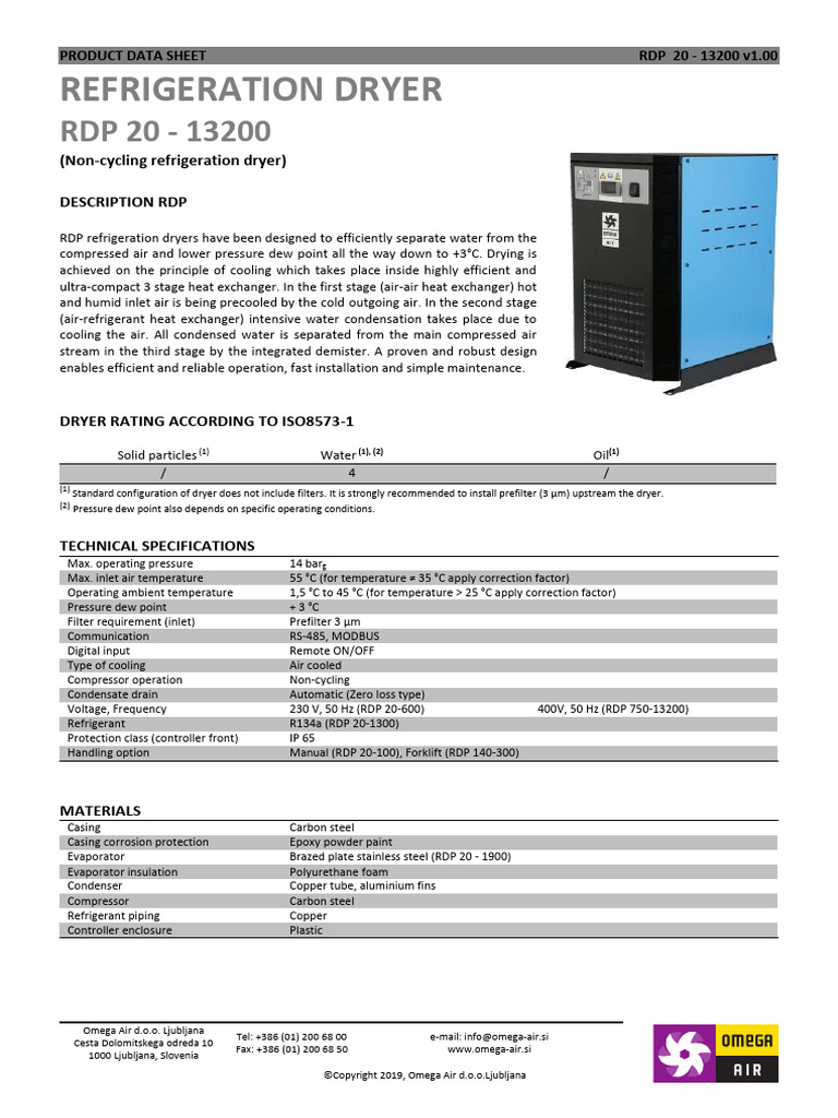 Omega Air Product Data SH N Air Dryer RDP v1.00 | PDF