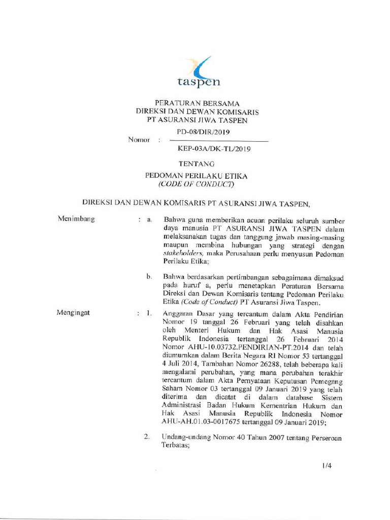 PD 08 2019 Pedoman Perilaku Etika Code of Conduct | PDF