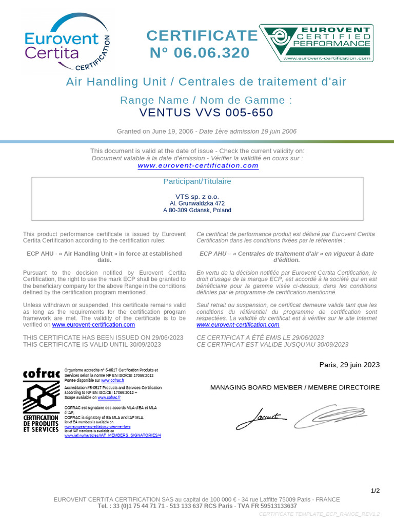 VTS Eurovent Certificate | PDF