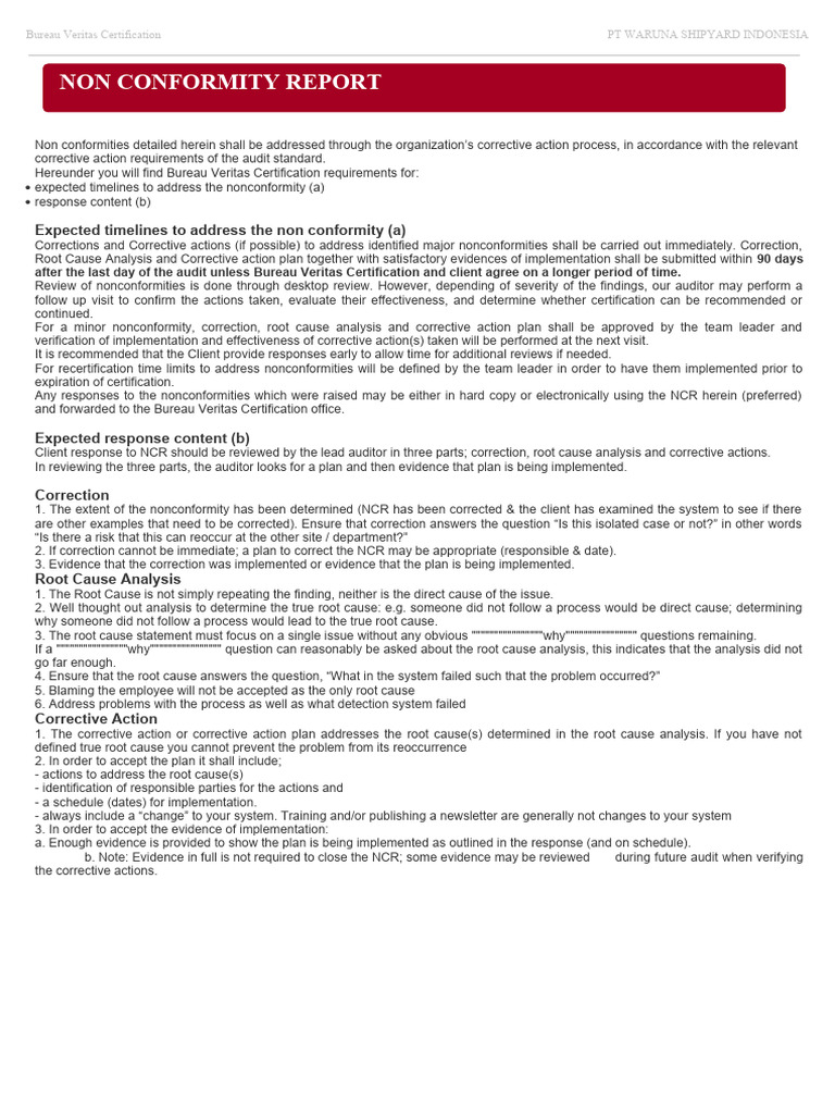 Non Conformity Report: Expected Timelines To Address The Non Conformity ...