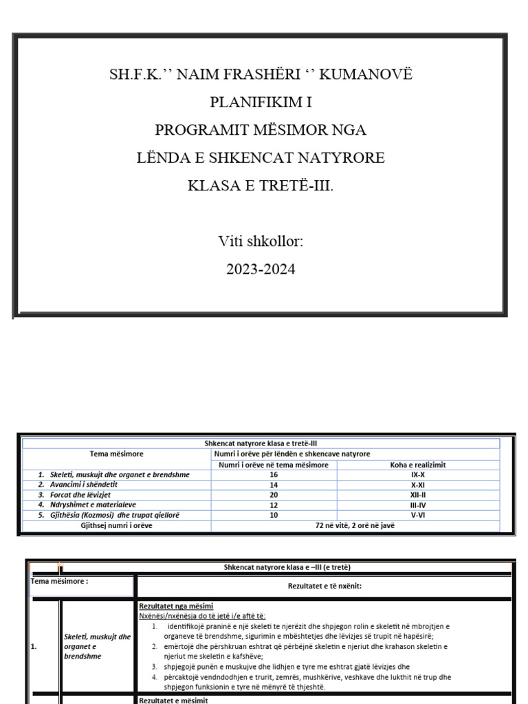 4.shkenca Natyrore Plan Global Dhe Tematik Kl. e III | PDF