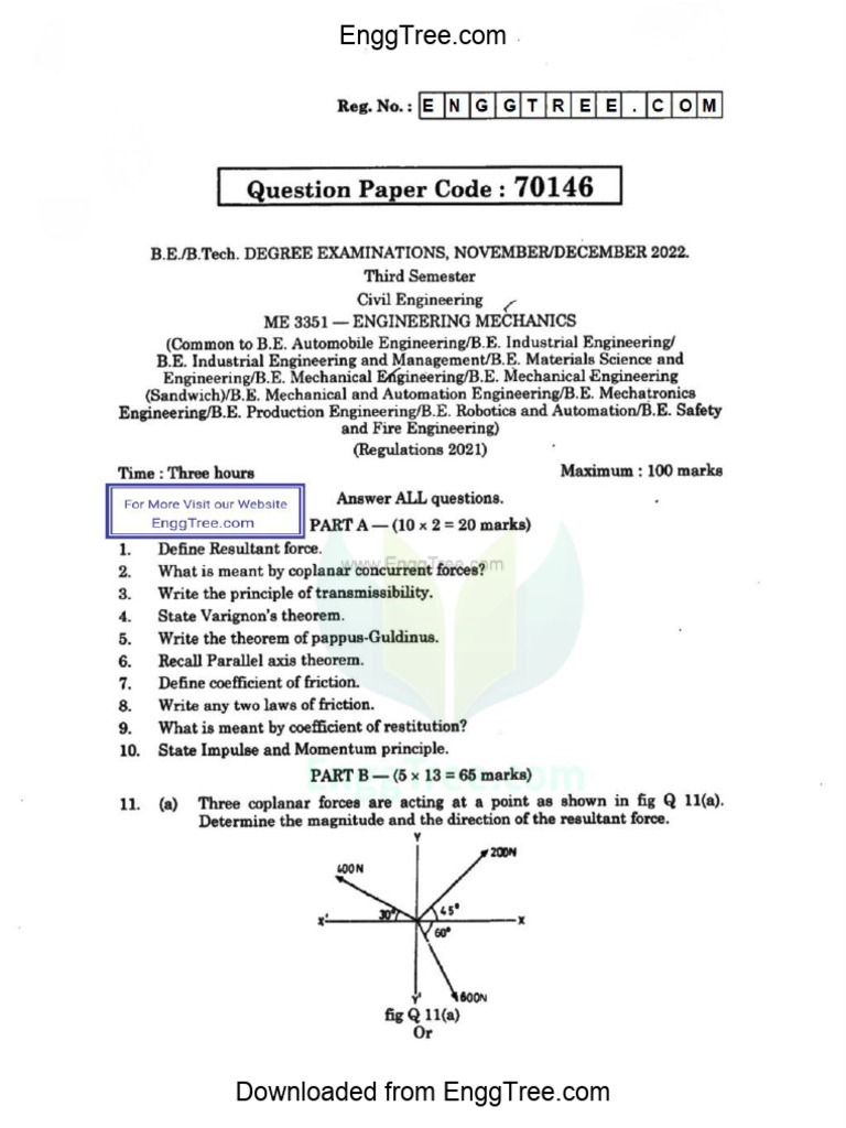 ME3351 Engineering Mechanics Nov Dec 2022 Question Paper | PDF