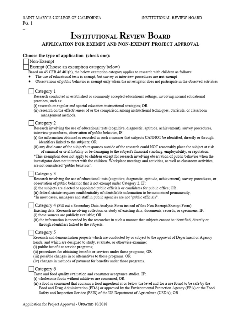 IRB Non-Exempt and Exempt Study Application Form 10.30.18 - 1 | PDF | Institutional Review Board