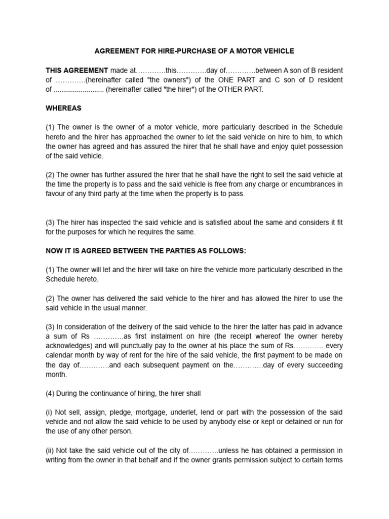 Motor Vehicle Hire Purchase Agreement | PDF
