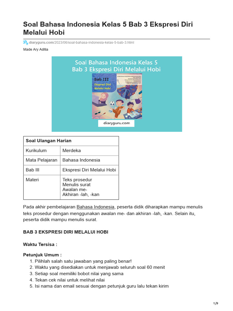 Soal Bahasa Indonesia Kelas 5 Bab 3 Ekspresi Diri Melalui Hobi | PDF