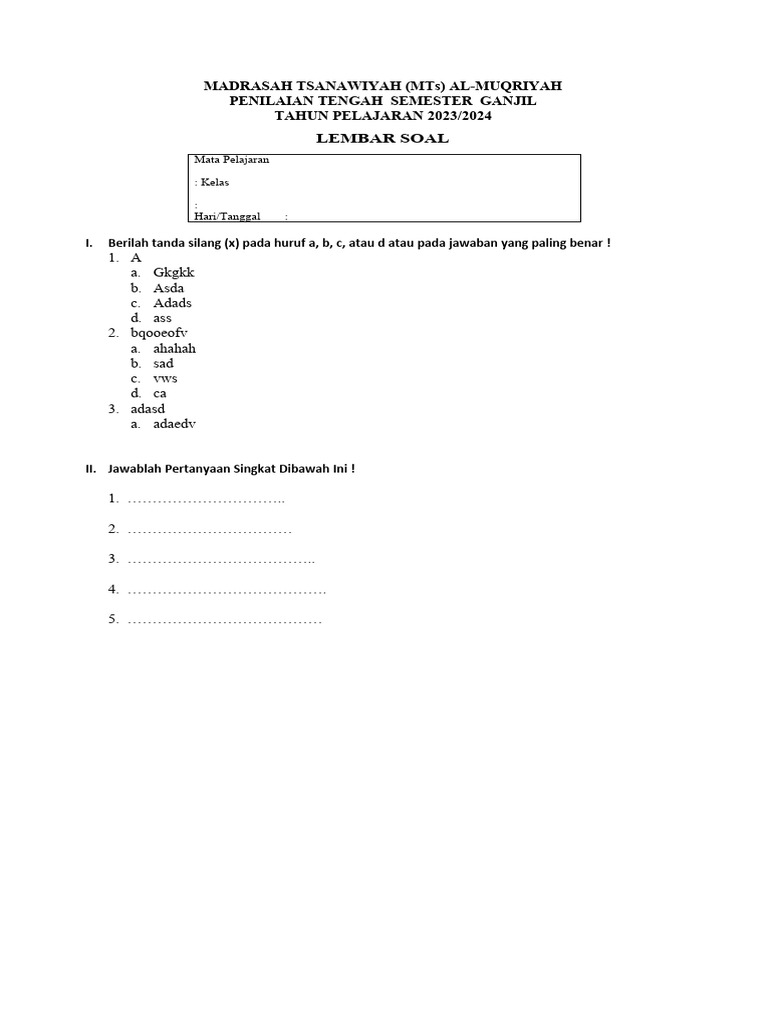 Kop Soal PTS Ganjil - 2023-2024 | PDF