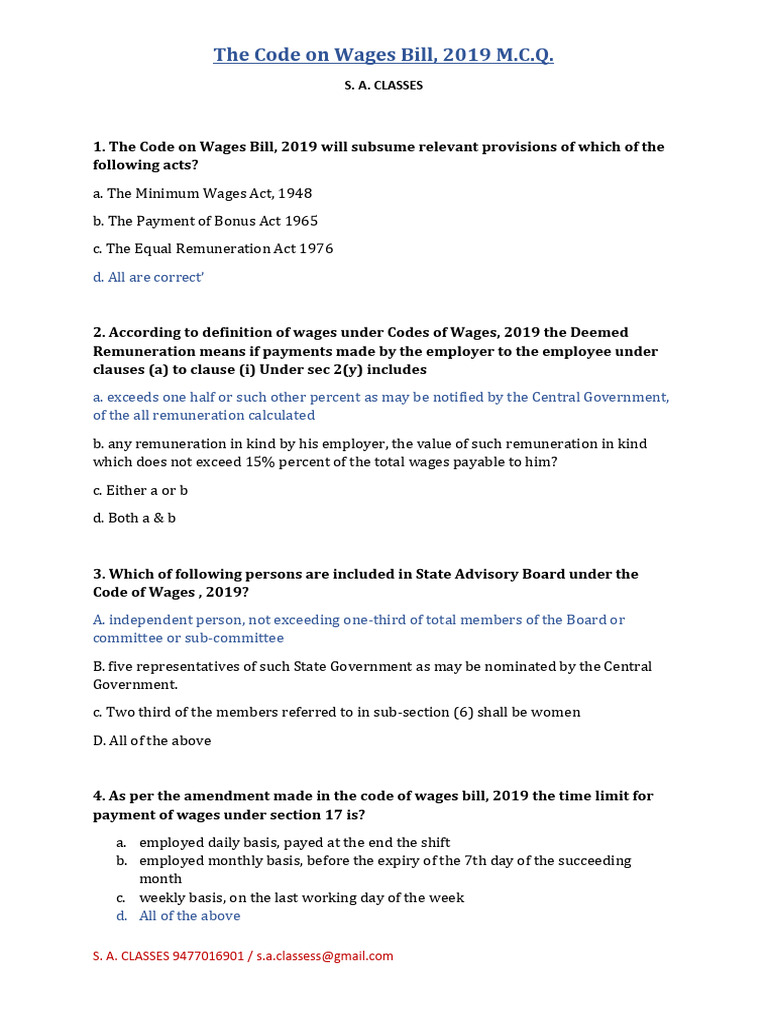 MCQs on Code of Wages Bill 2019 | PDF | Finance & Money Management | Law