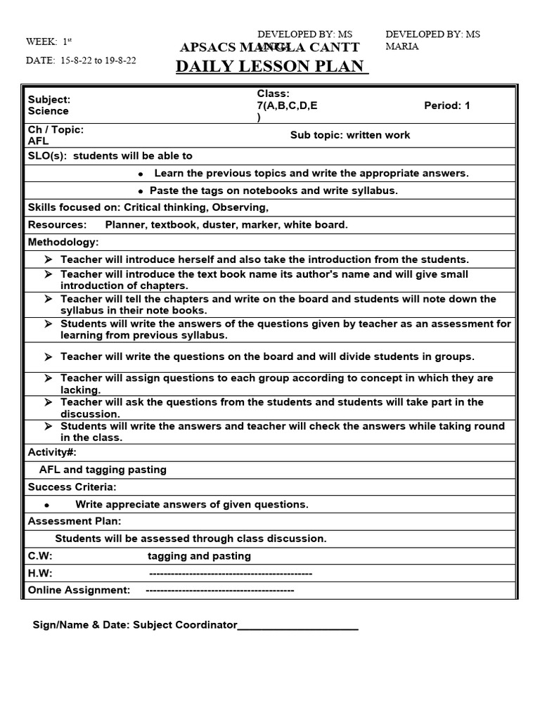 w1 Class 7 Lesson Plan | PDF