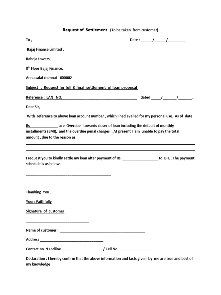 Loan Settlement Request Letter Template | PDF