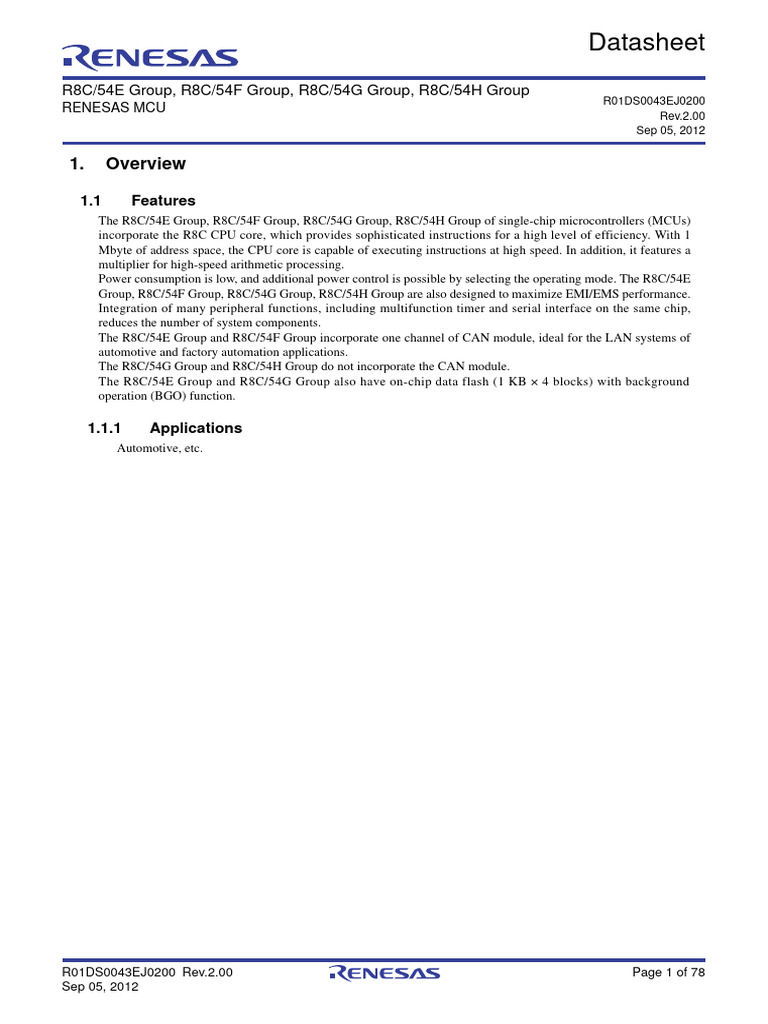 Renesas R8C/54 MCU Datasheet | PDF