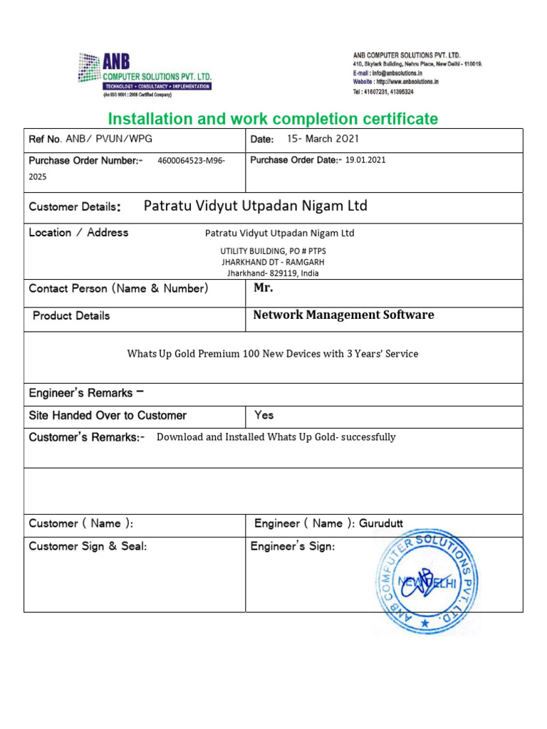 Installation Completion Certificate for PVUN | PDF | Technology ...