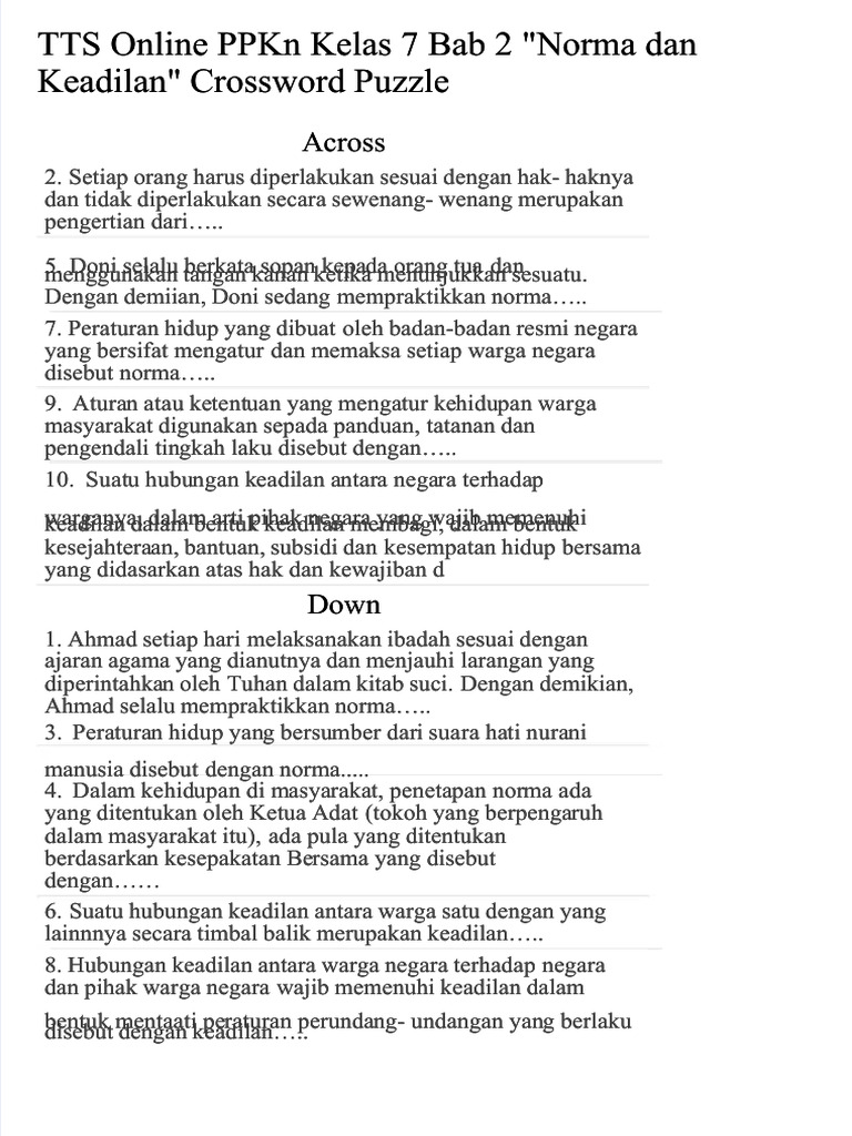 Lembar Kerja Tts PPKN Kelas 7 Bab 2 Quotnorma Dan Keadilanquot | PDF ...