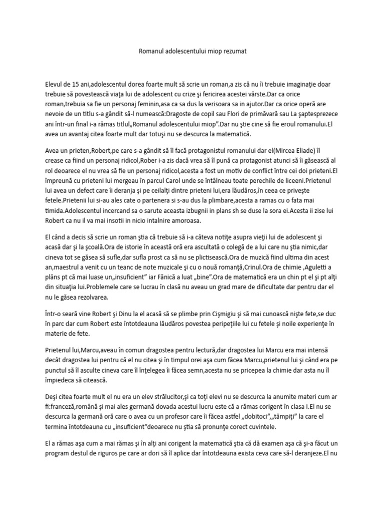 Romanul Adolescentului Miop Rezumat | PDF