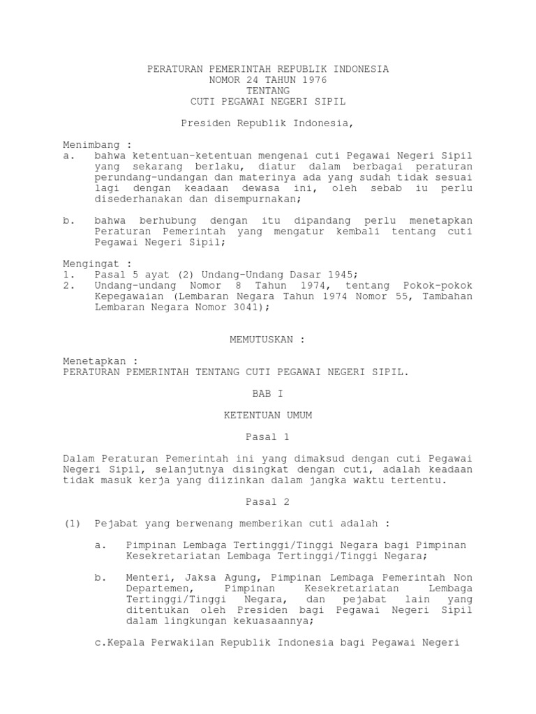 PP Nomor 24 Tahun 1976 CUTI PNS | PDF PP Nomor 24 Tahun 1976 CUTI PNS | PDF