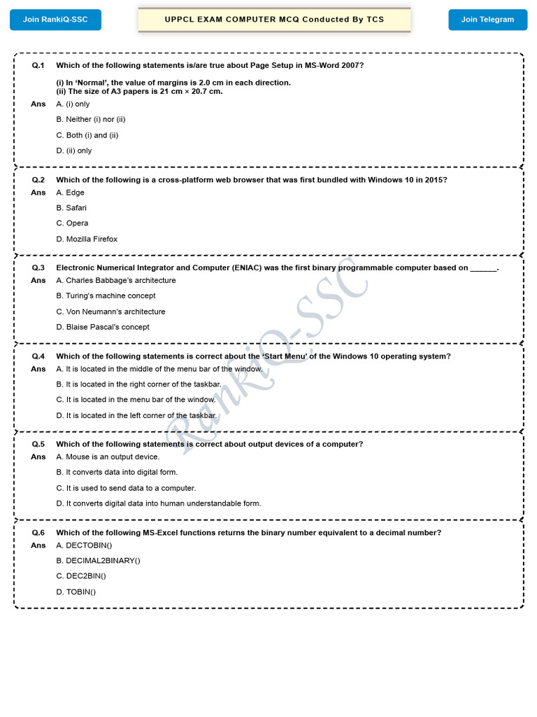 UPPCL Computer MCQ Exam Questions | PDF | Microsoft Word | Microsoft Excel