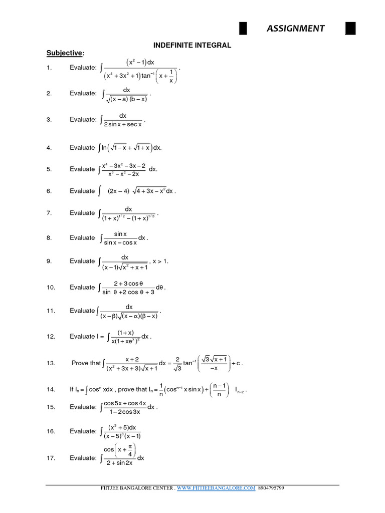 Indefinite Integrals Assignment | PDF