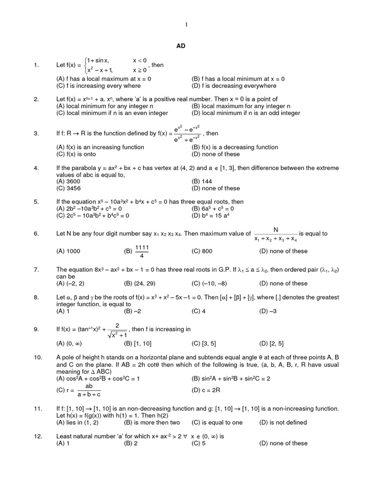 Applications of Derivatives-Practice Sheet | PDF | Mathematics ...