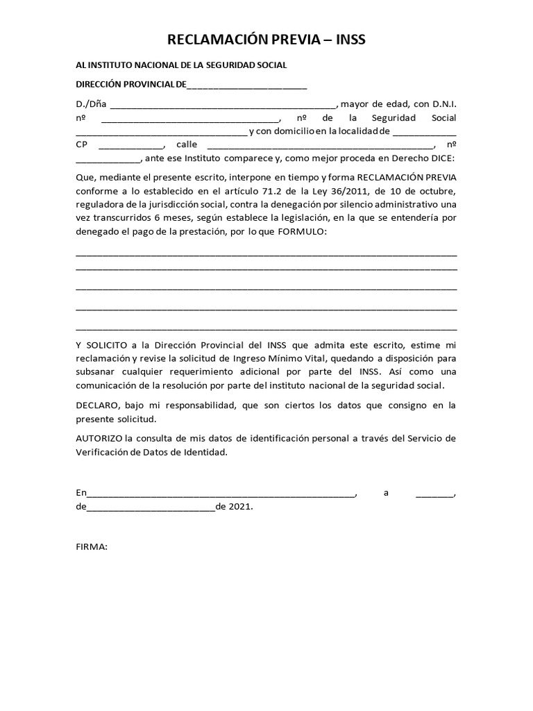 Modelo Reclamación Previa INSS - IMV - Silenc | PDF