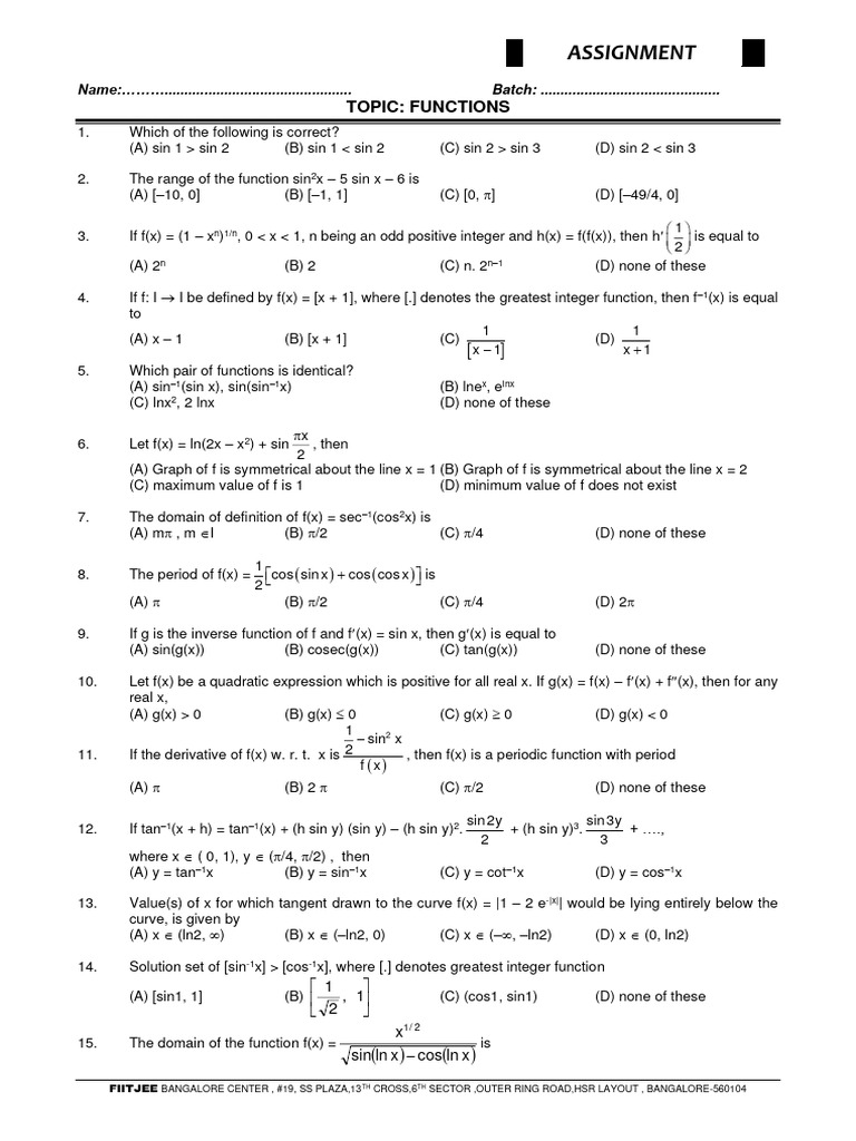 Functions Practice Sheet | PDF